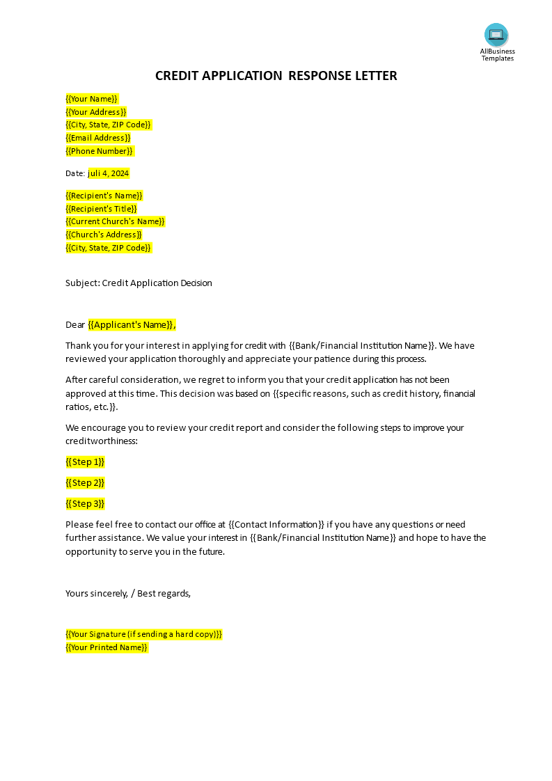 Credit Application Response Letter | Templates at allbusinesstemplates.com