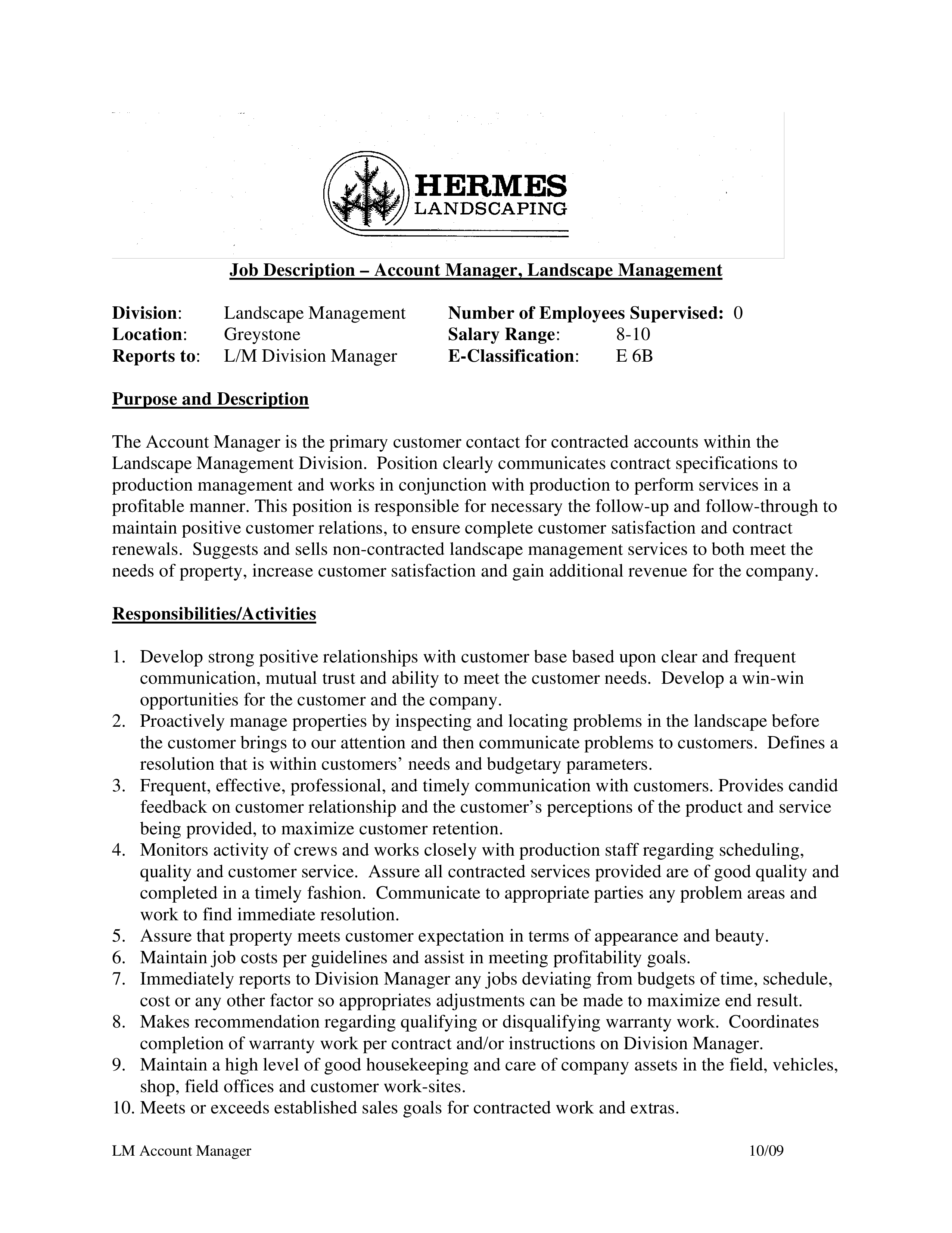 Landscaping Account Manager Job Description Templates At