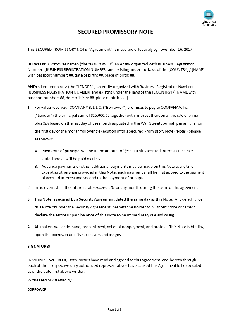 Sample Secured Promissory Note Classles Democracy
