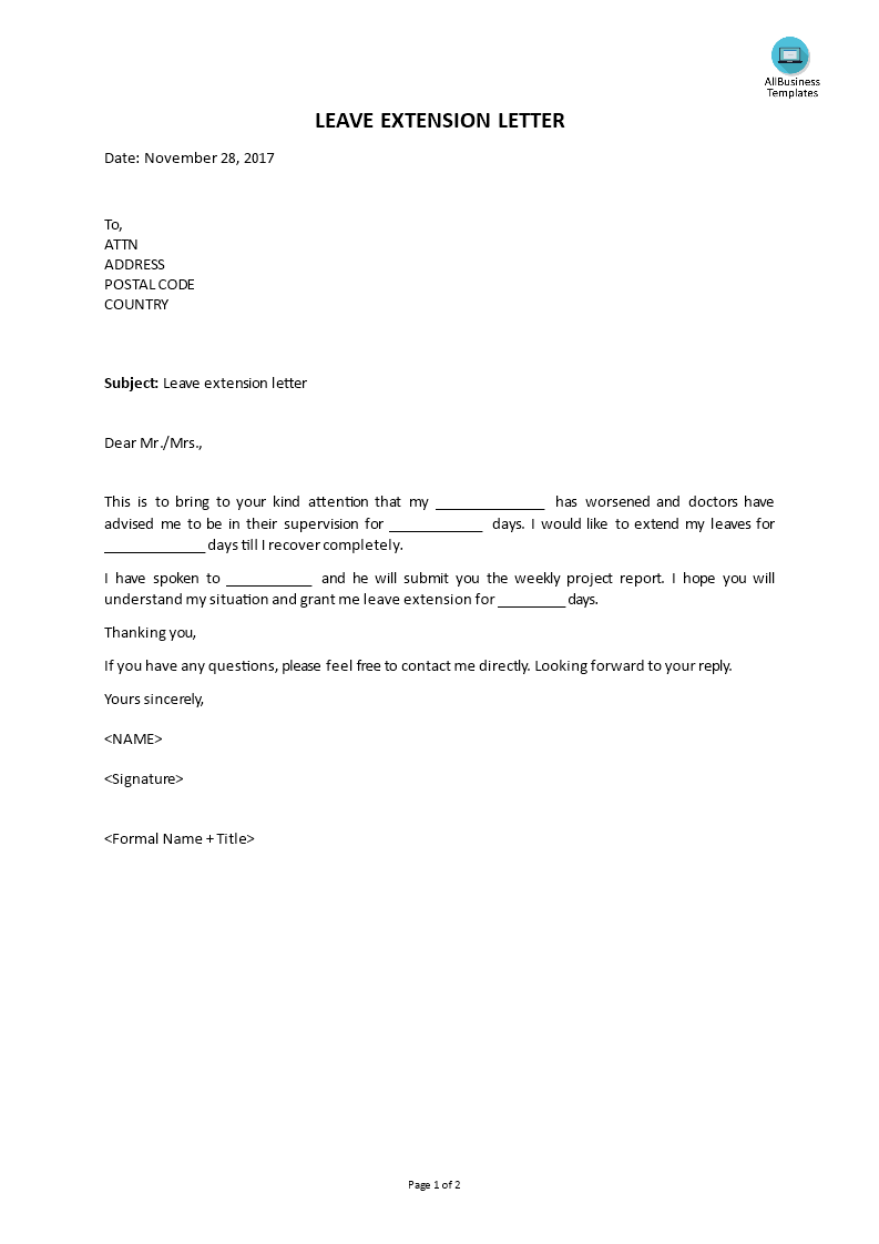 Leave Extension Letter Templates At Allbusinesstemplates