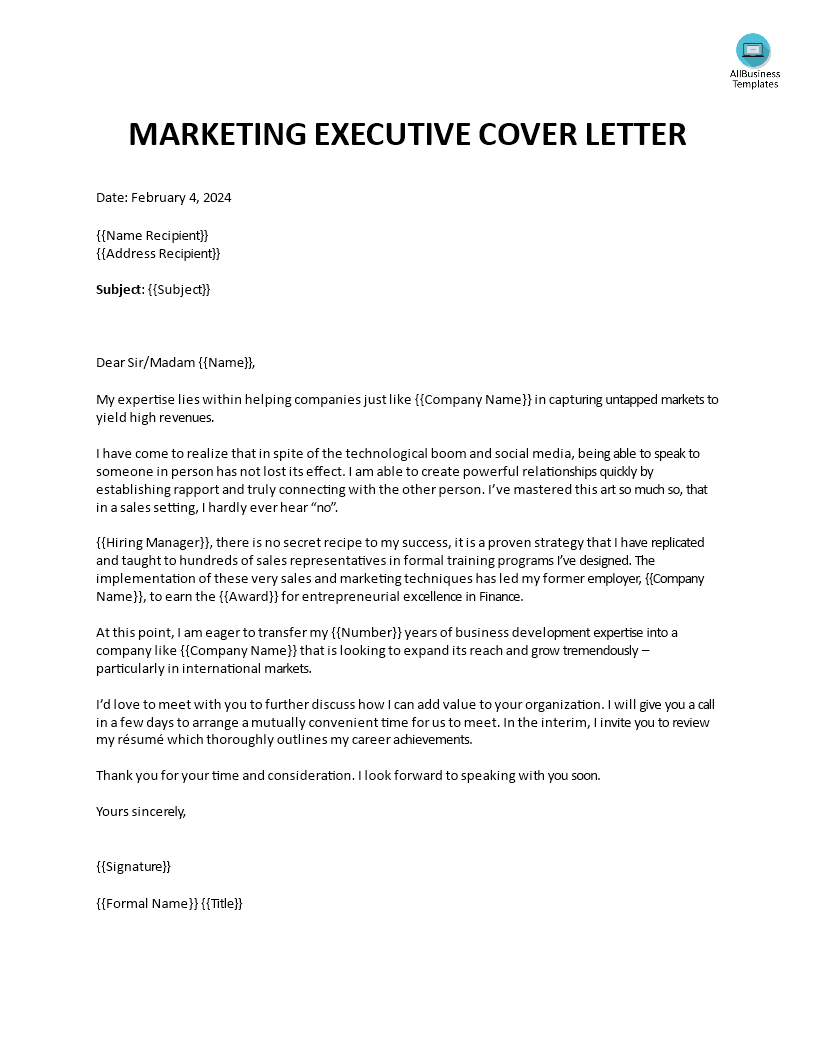 Marketing Executive Cover Letter | Templates at allbusinesstemplates.com