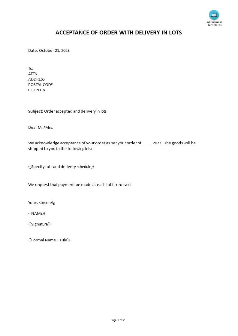 Acceptance Of Order With Delivery In Lots | Templates at ...