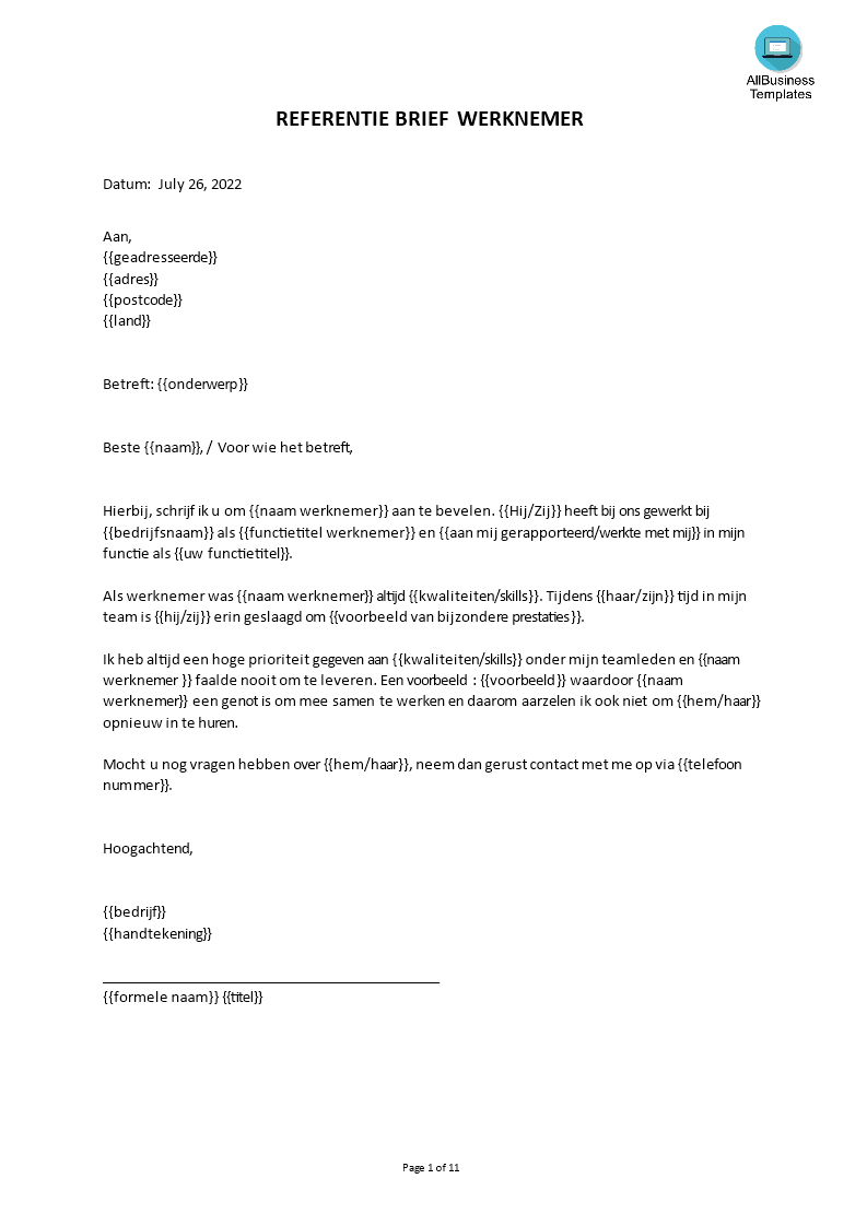 免费 Professionele Referentiebrief | 样本文件在 allbusinesstemplates.com