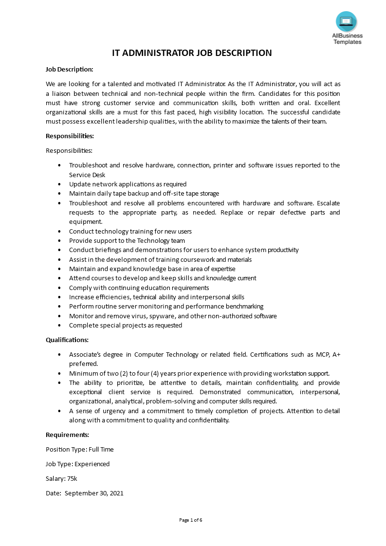 IT System Analyst Job Description | Templates at allbusinesstemplates.com