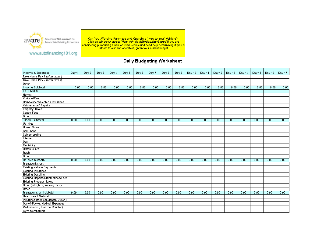 Daily Home Budget Excel Templates At Allbusinesstemplates