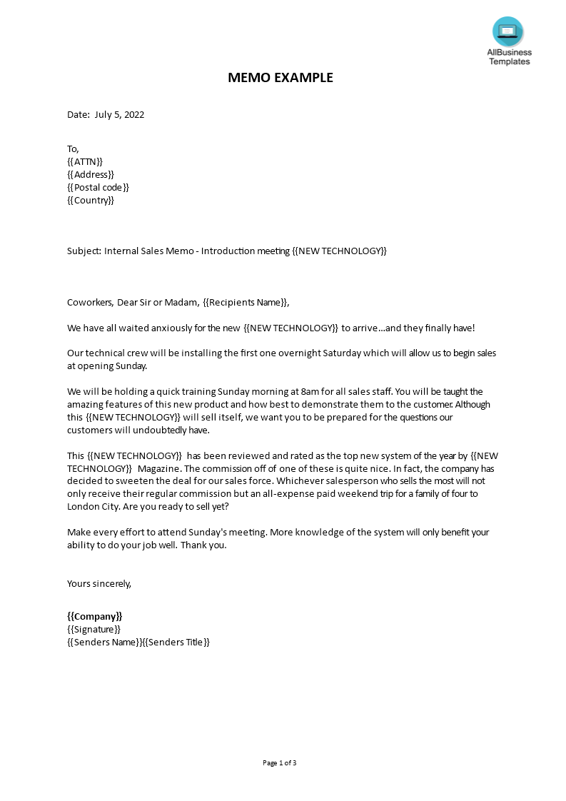 Introduction Meeting Sales Memo | Templates at allbusinesstemplates.com