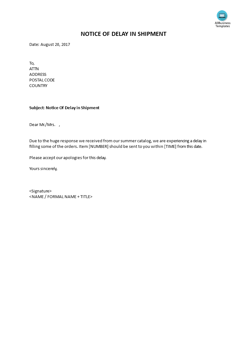 Notice Of Delay In Shipment Templates At Allbusinesstemplates