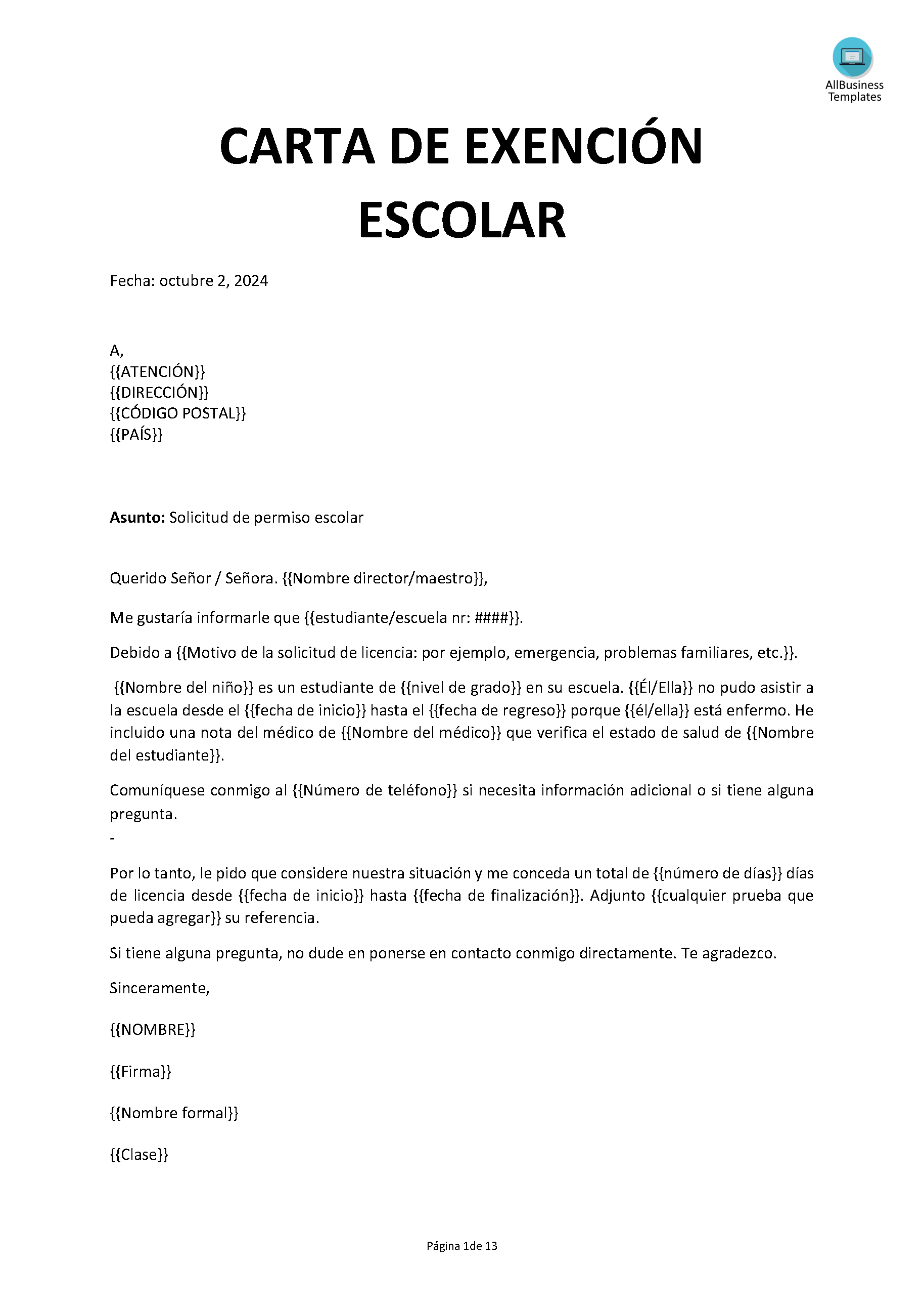 Carta de excusa escolar Gratis