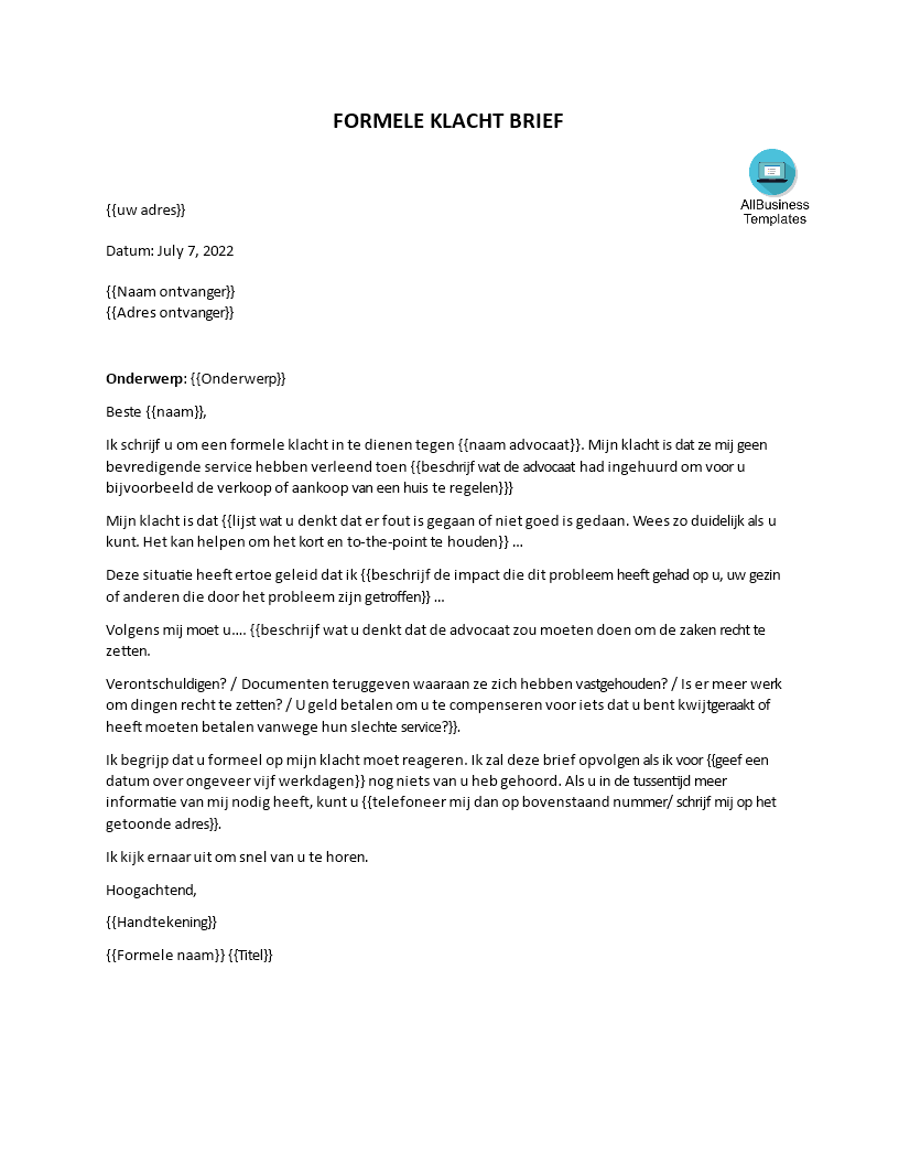 Formele Zakelijke Klacht Modelbrief | Templates at allbusinesstemplates.com