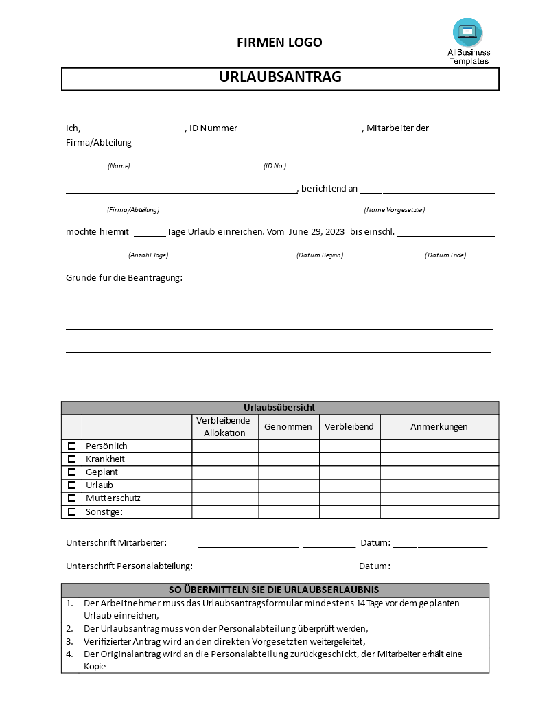 Urlaubsantrag Formular Vorlage | Templates at allbusinesstemplates.com