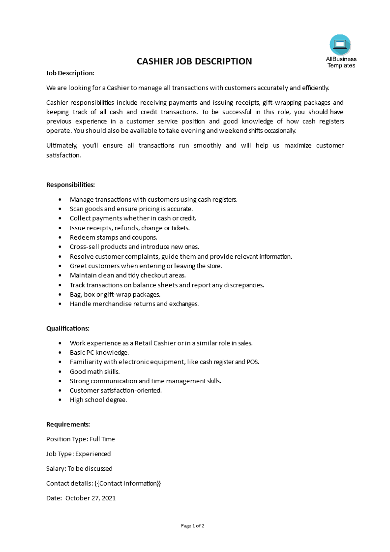 Gratis Cashier Job Description