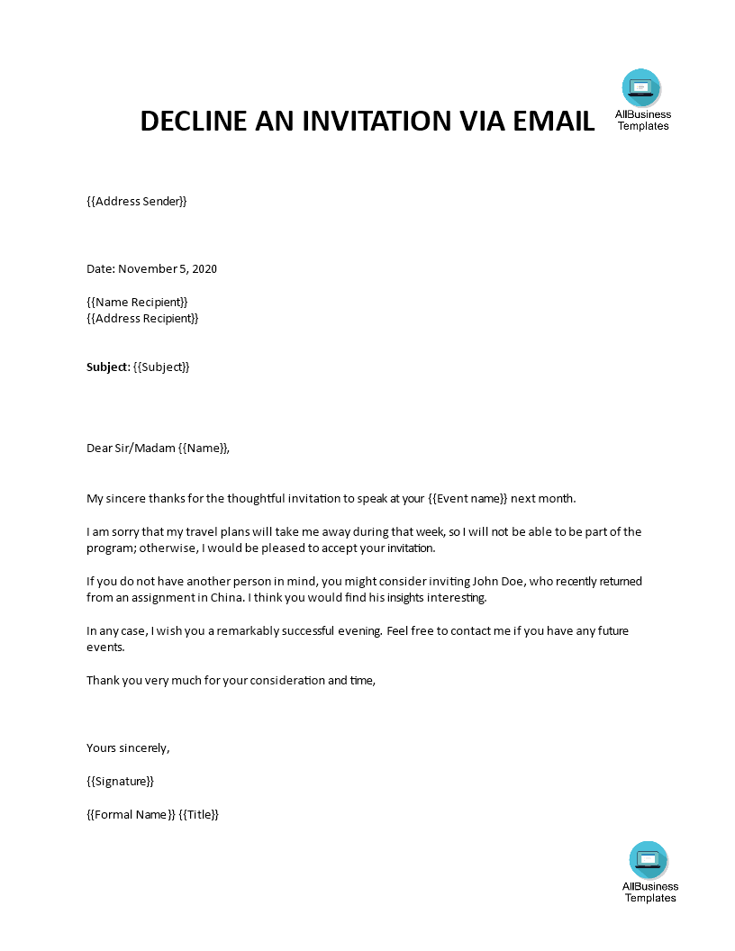 Decline Invitation With Referral Letter Template Templates At 