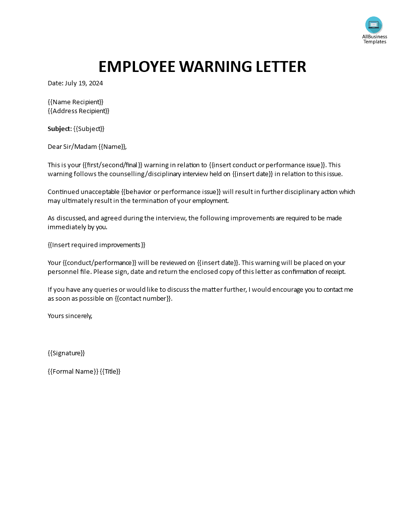 Employee Warning Letter due to unacceptable Conduct | Templates at ...