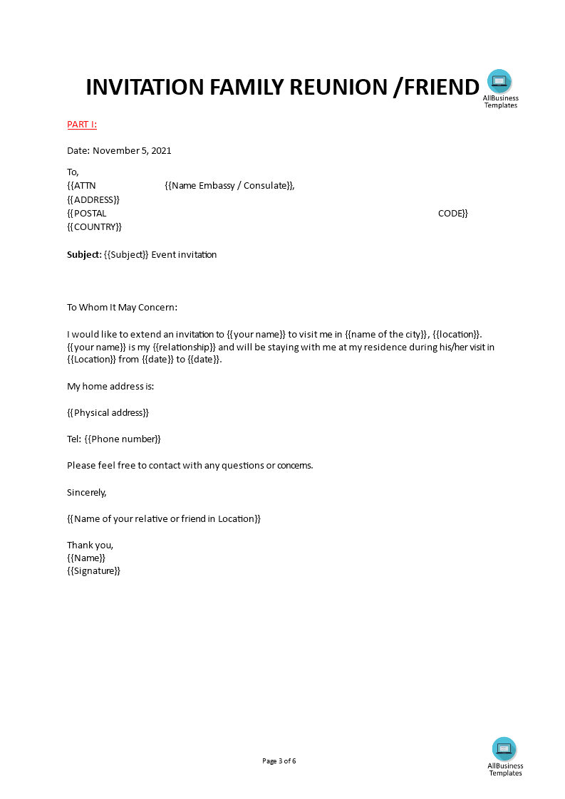Kostenloses Visa Invitation Letter Template