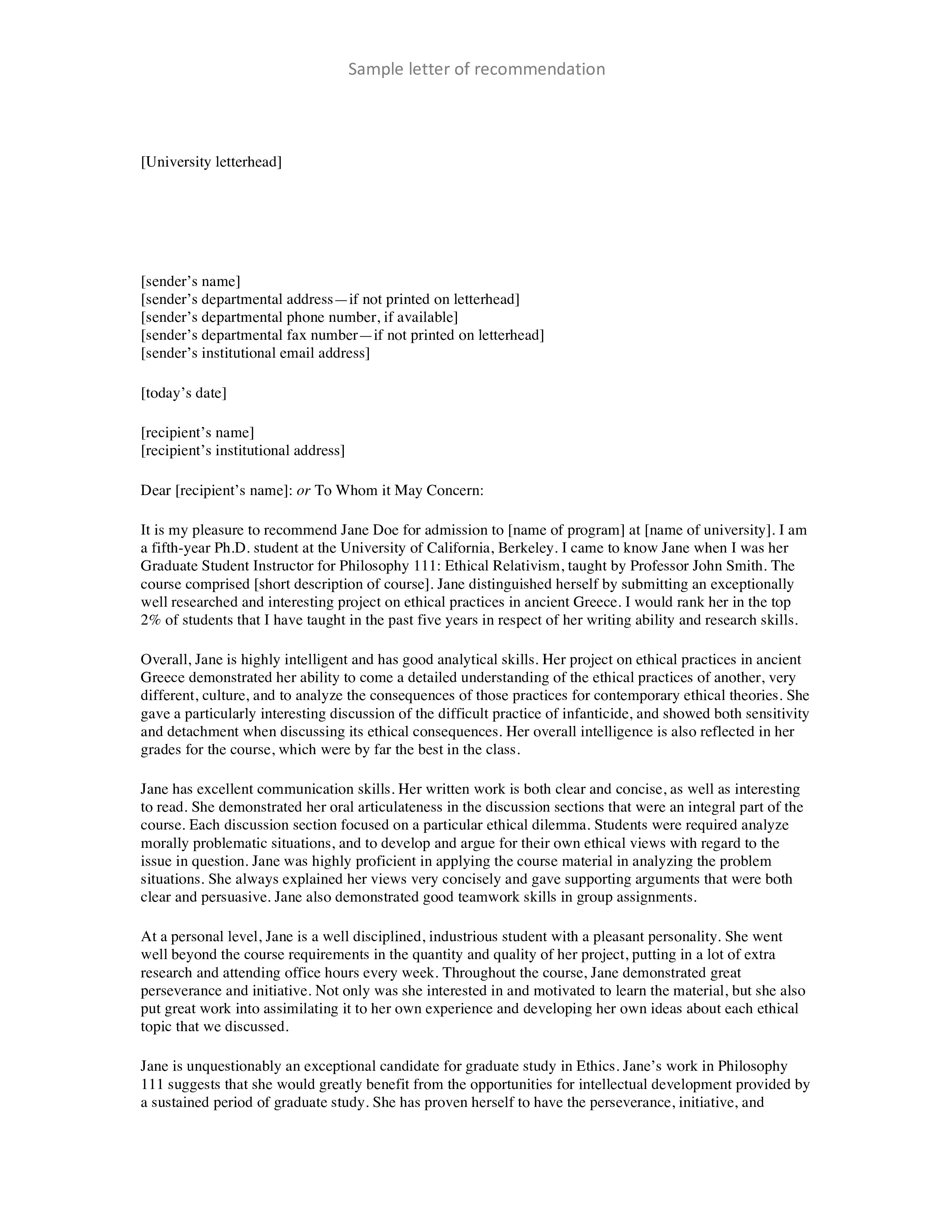 Professional Letter Of Recommendation For Graduate School Templates