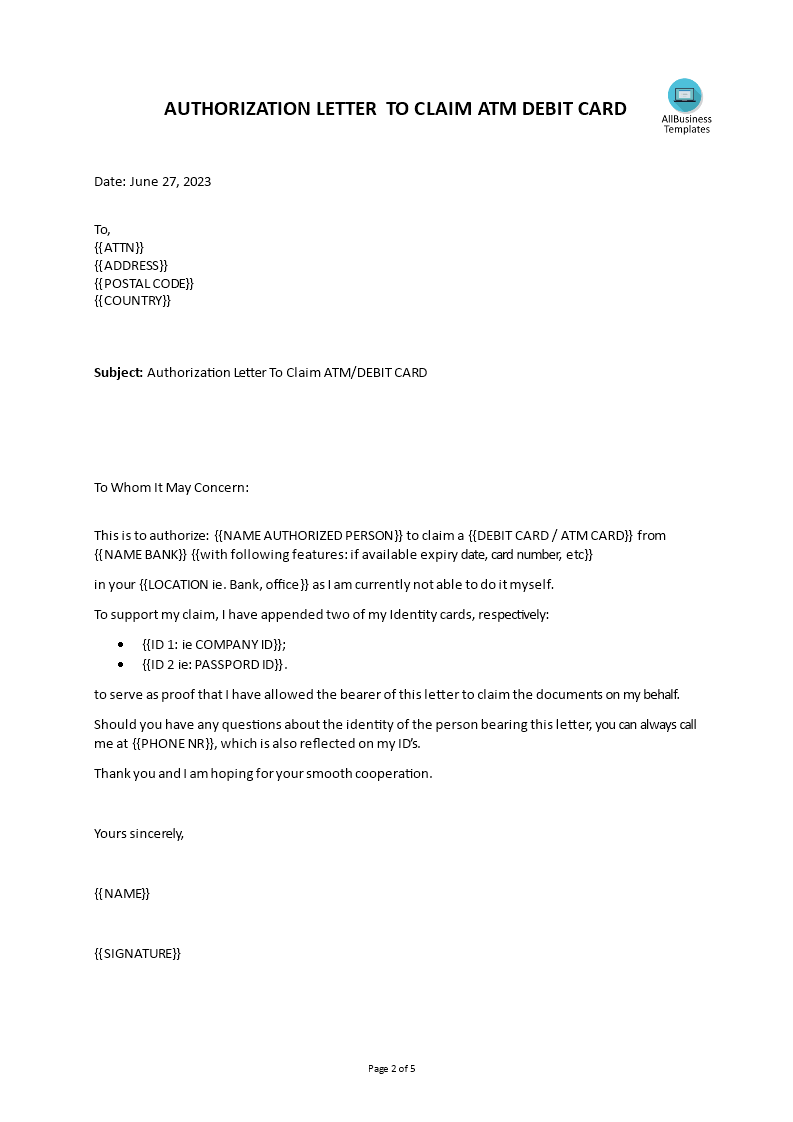 Authorization Letter to Claim Money | Templates at allbusinesstemplates.com