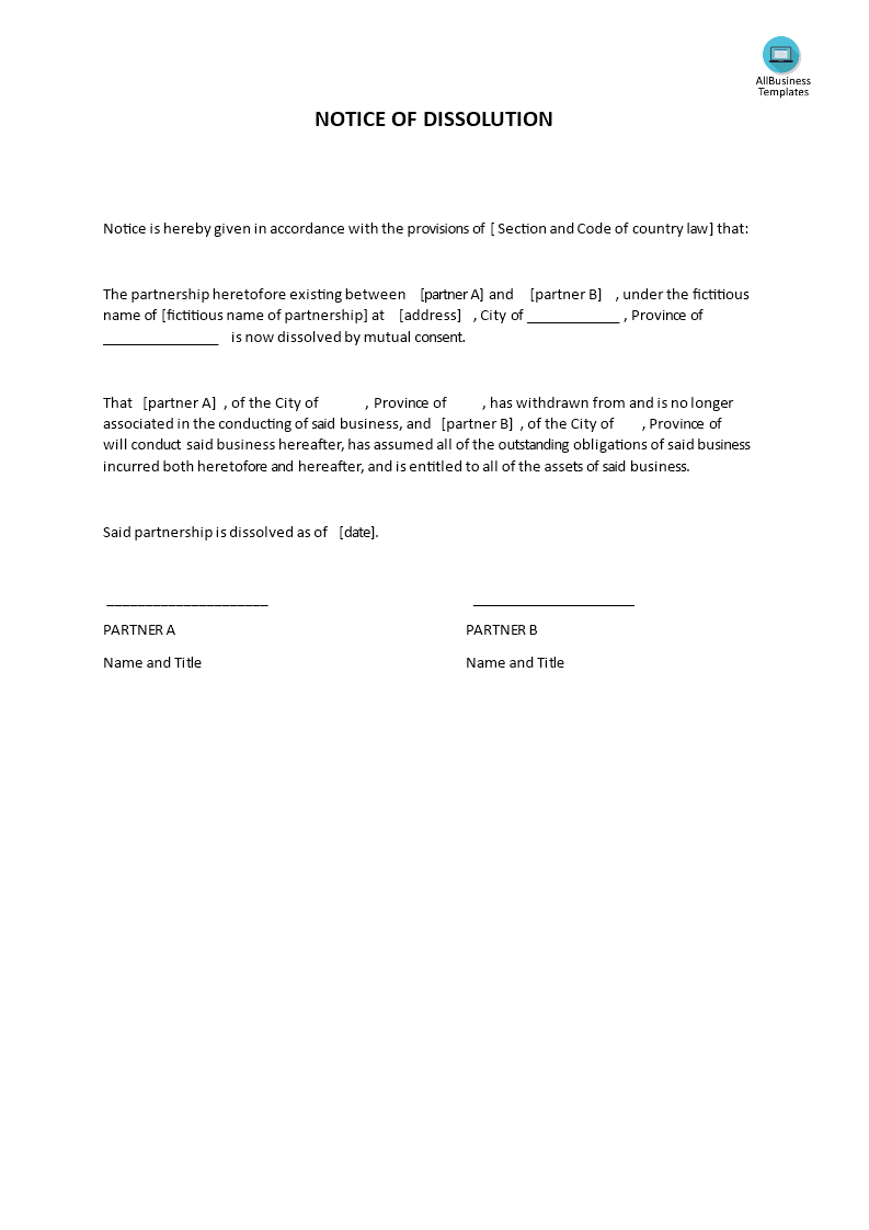 Dissolution Of Partnership Agreement Template