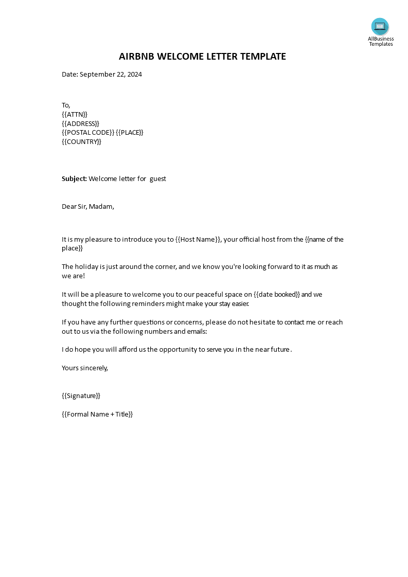 Gratis Airbnb Welcome Letter Template