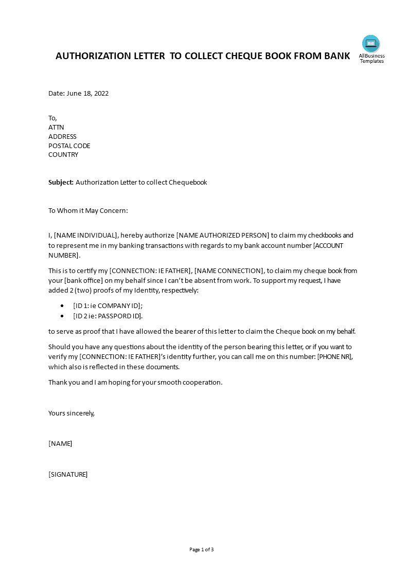 Authorization letter to bank to collect cheque book | Templates at ...