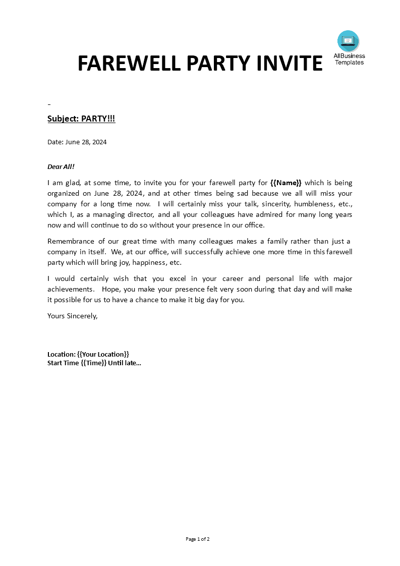 Farewell Party Invitation Letter | Templates at allbusinesstemplates.com