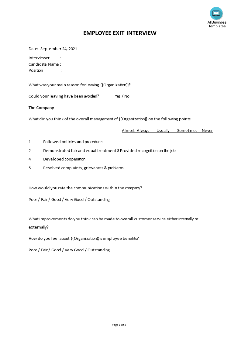 Blank Exit Interview Form | Templates at allbusinesstemplates.com