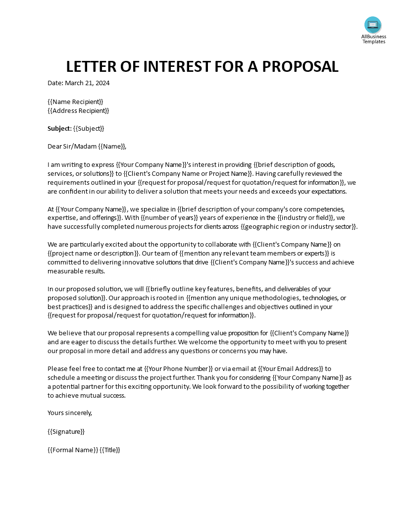 Letter Of Interest For Proposal | Templates at allbusinesstemplates.com