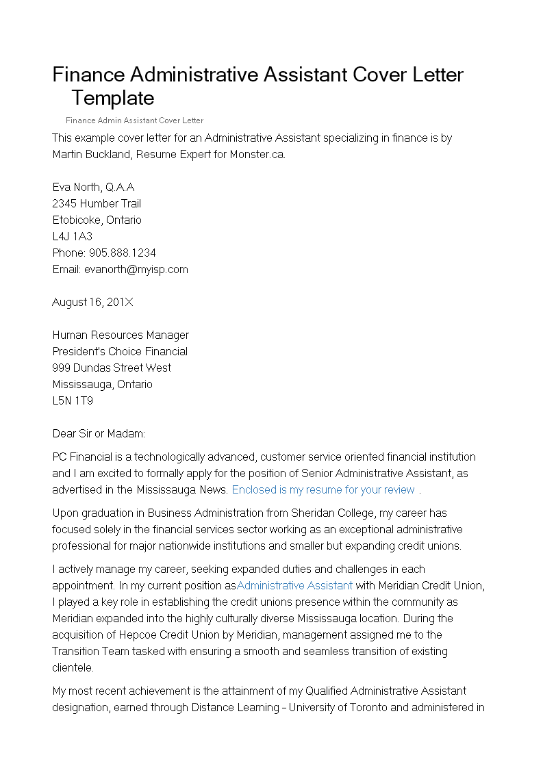 Finance Administrative Assistant Sample Cover Letter Template