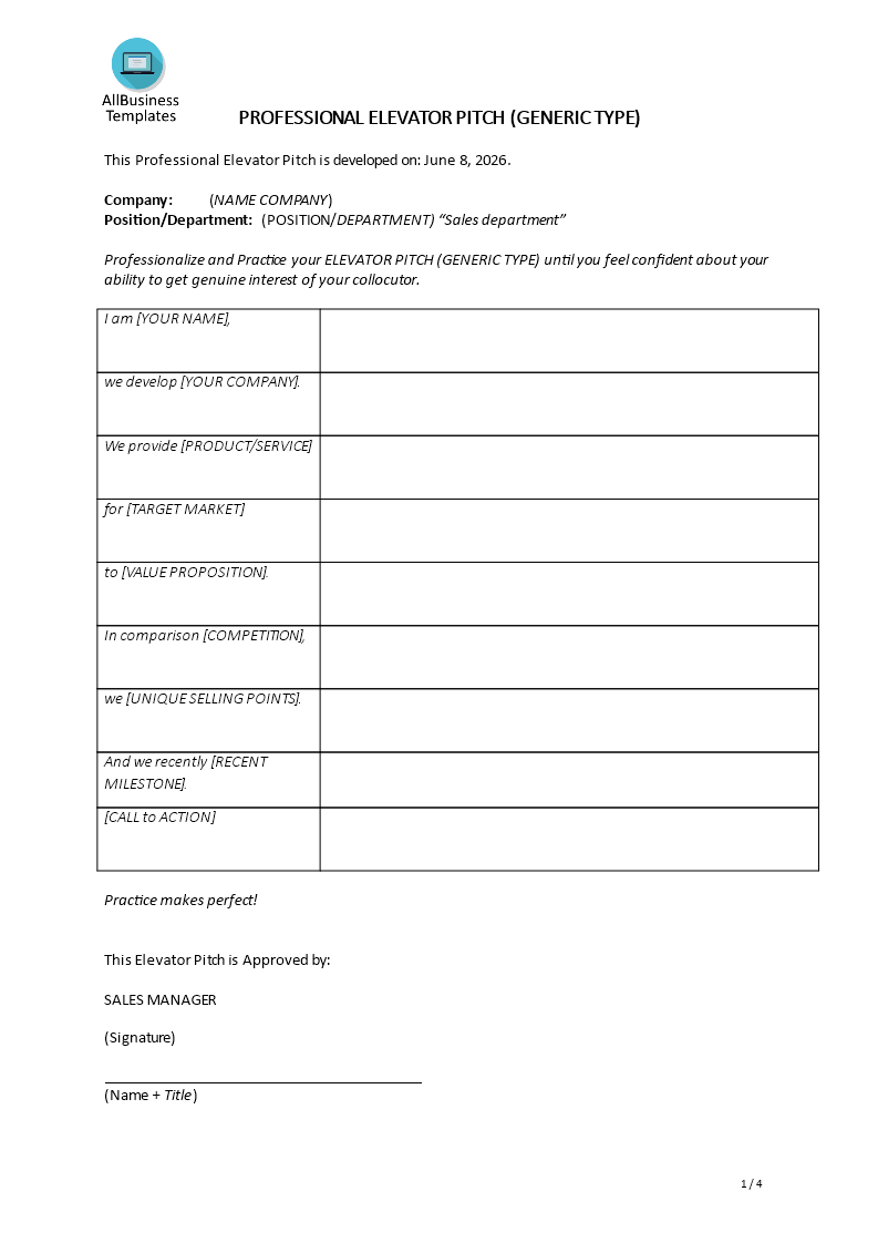Elevator Pitch generic type | Templates at allbusinesstemplates.com