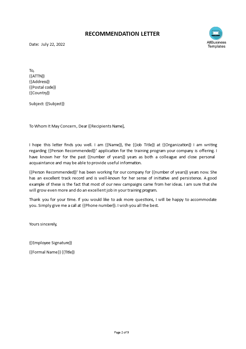 Recommendation Letter for Friend for Training | Templates at ...