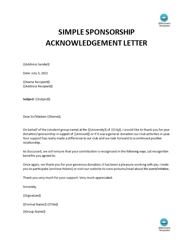 Sponsor Donation Thank You Letter | Templates at allbusinesstemplates.com