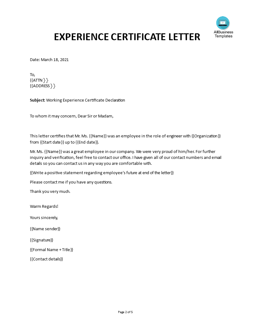 Experience Letter For Software Engineer | Templates at ...
