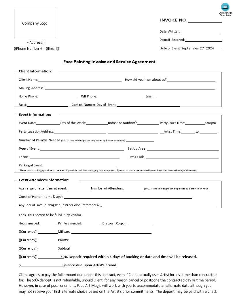 Face Painting Invoice And Service Agreement | Templates at ...