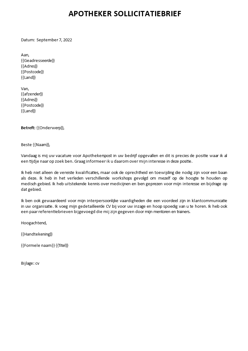 免费 Sollicitatiebrief werken bij apotheek | 样本文件在 allbusinesstemplates.com