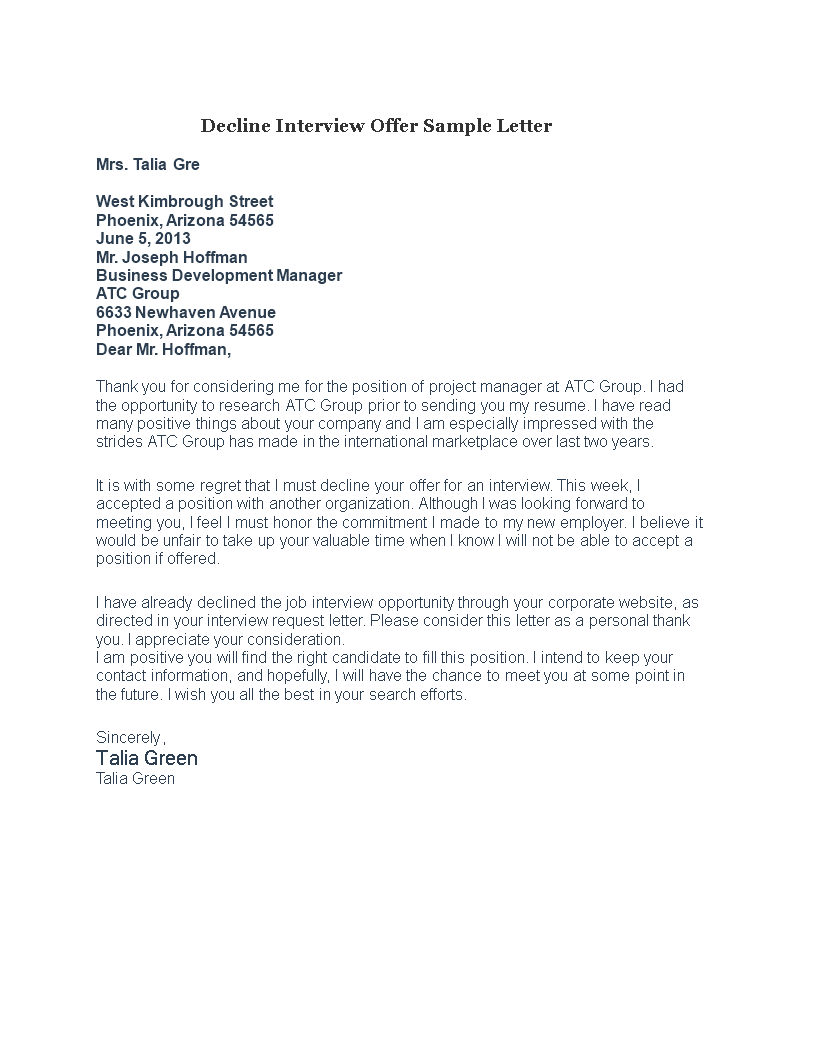 Decline Interview Offer Letter Templates At Allbusinesstemplates