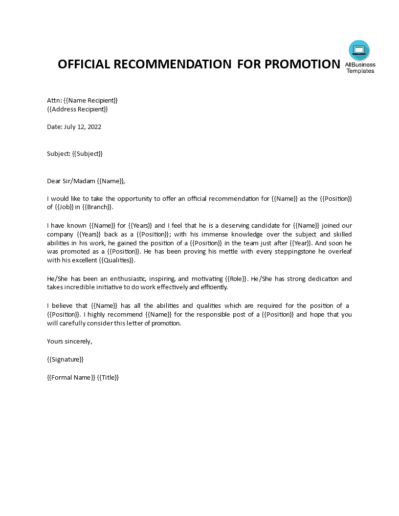Recommendation Letter for Job Promotion | Templates at ...