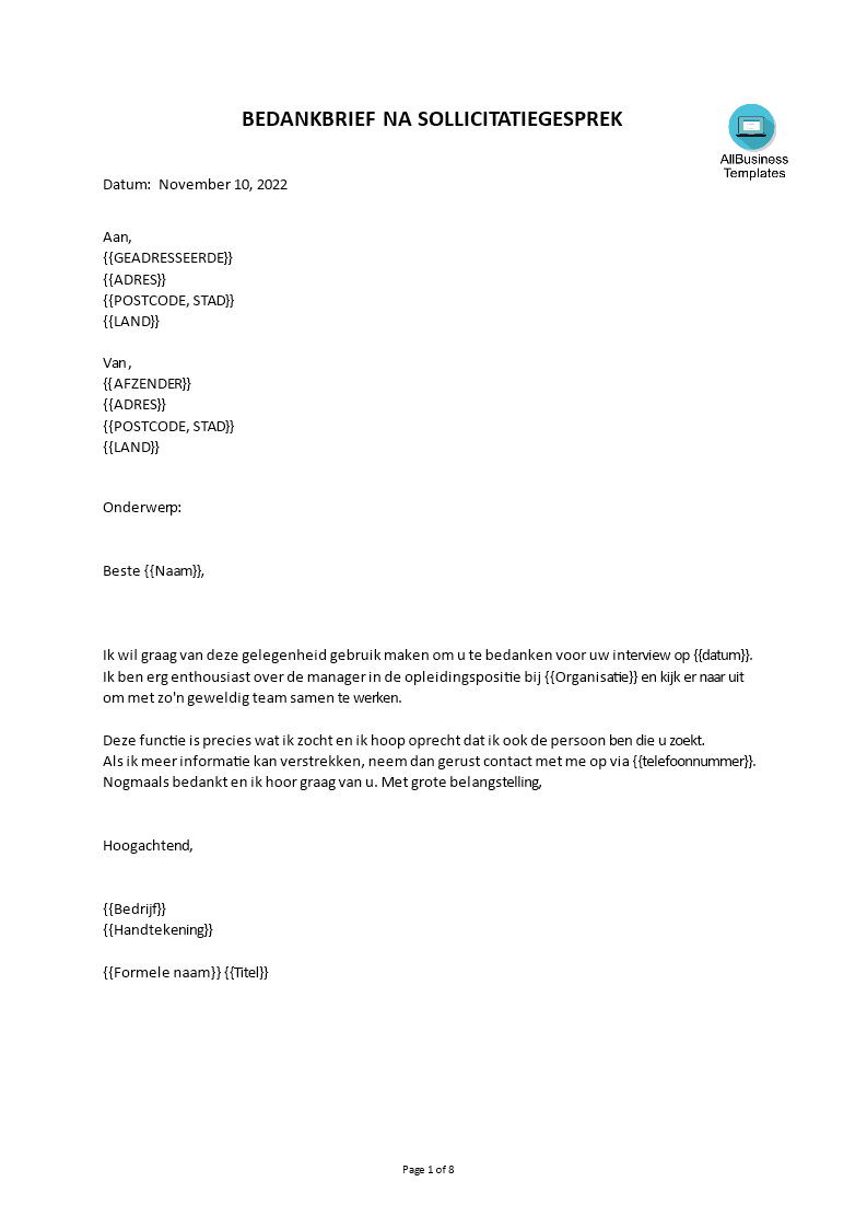 Formeel bedank bericht na sollicitatiegesprek Gratis