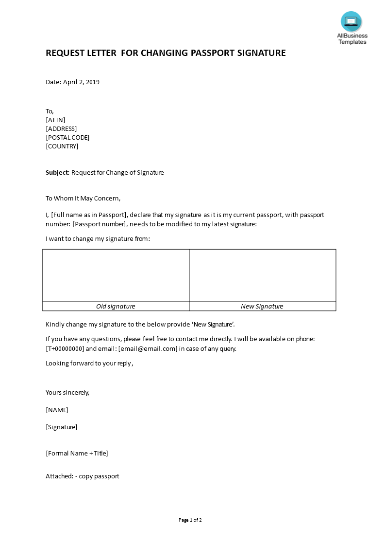 Re Letter For Changing Passport Signature Templates At 