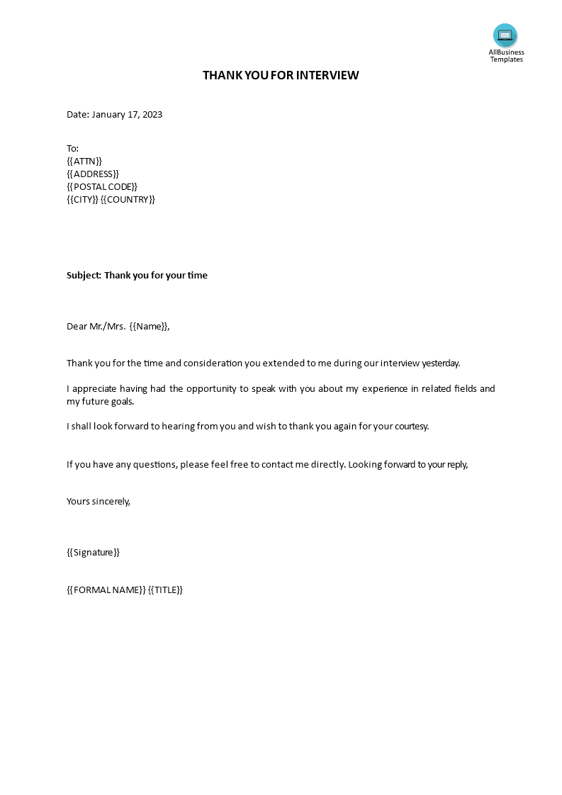 Professional Thank You Note For Interview | Templates at ...