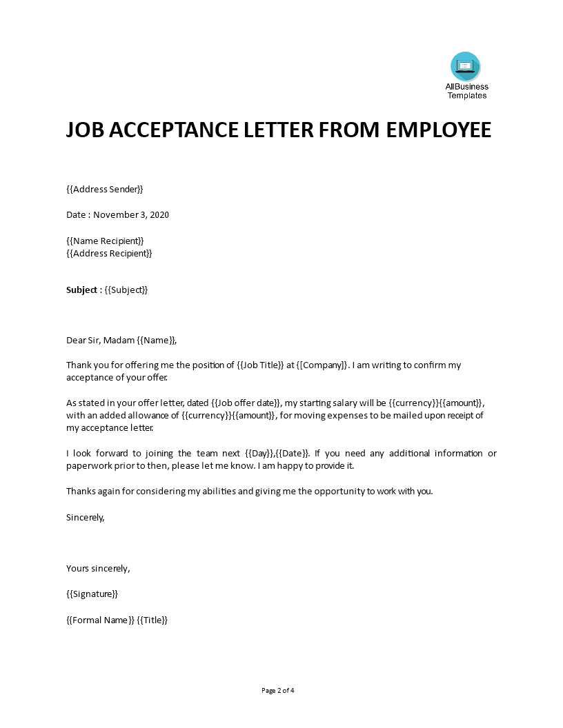 Acceptance Letter For Job Offer | Templates at allbusinesstemplates.com