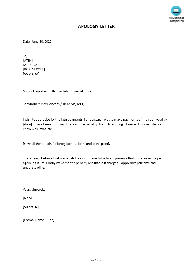 Apology Letter For Late Payment Of Tax Templates At 