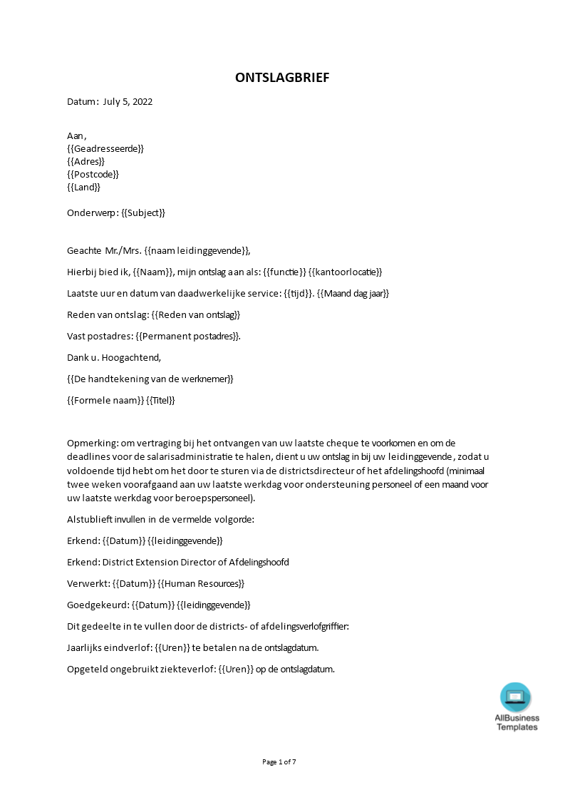 Ontslag brief voorbeeld | Templates at allbusinesstemplates.com
