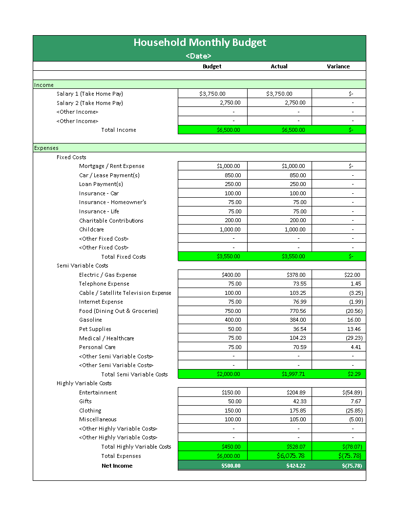 Basic House Hold Monthly Budget Templates At Allbusinesstemplates
