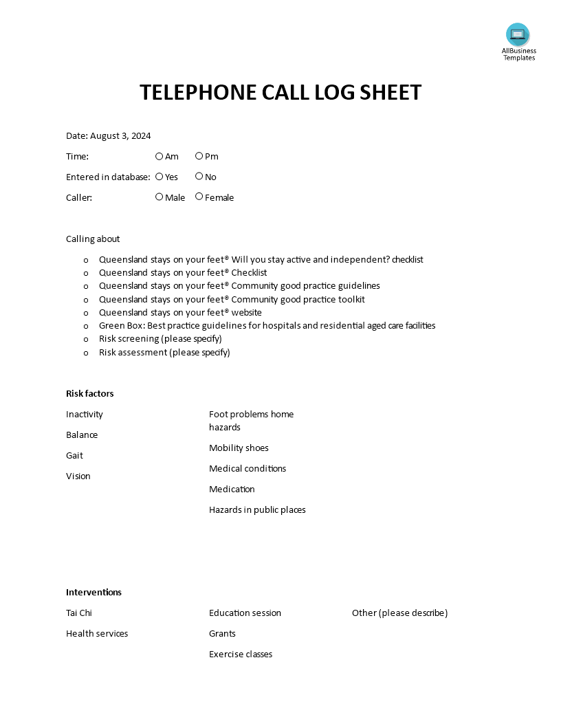 Telephone Call Log Sheet | Templates at allbusinesstemplates.com