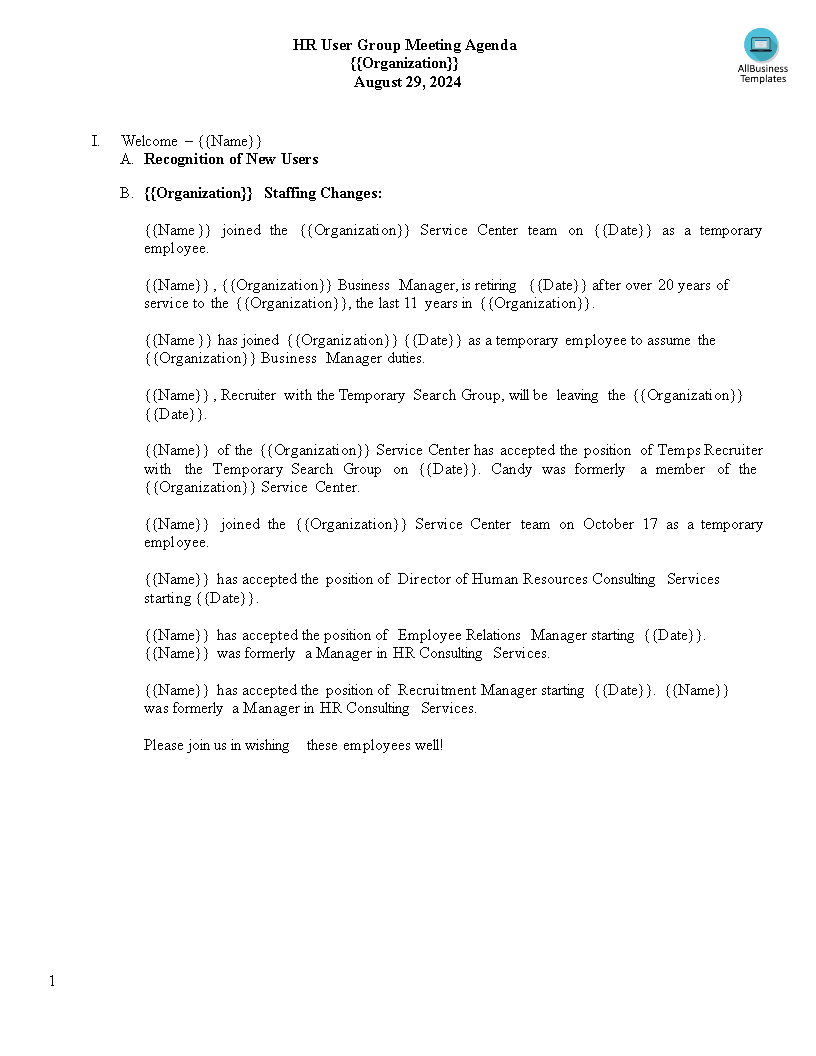 Human Resources Team Meeting Agenda PDF Template | Templates at ...
