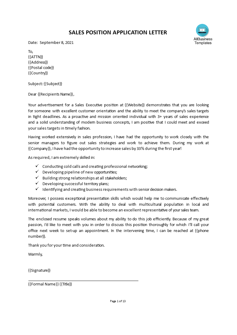 Kostenloses Sales Executive Job Application Letter