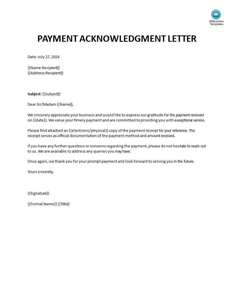 Télécharger Gratuit Payment Acknowledgment Letter