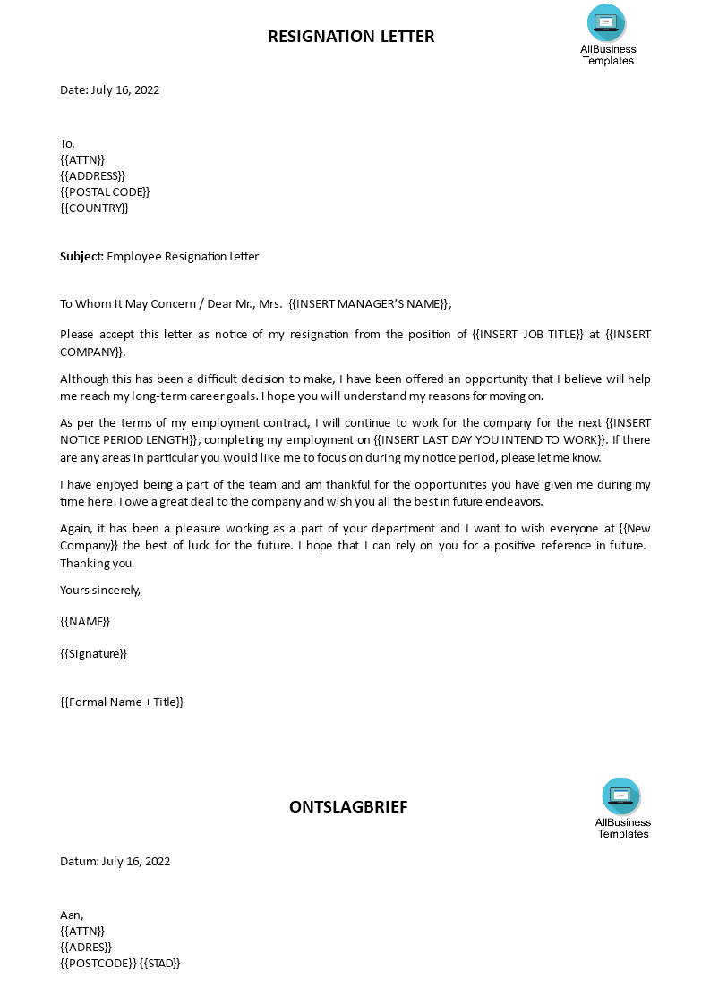 Gratis Werk ontslagbrief