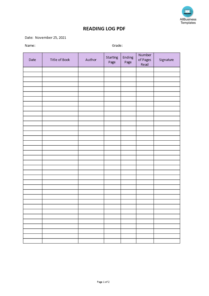 Reading Log | Templates at allbusinesstemplates.com