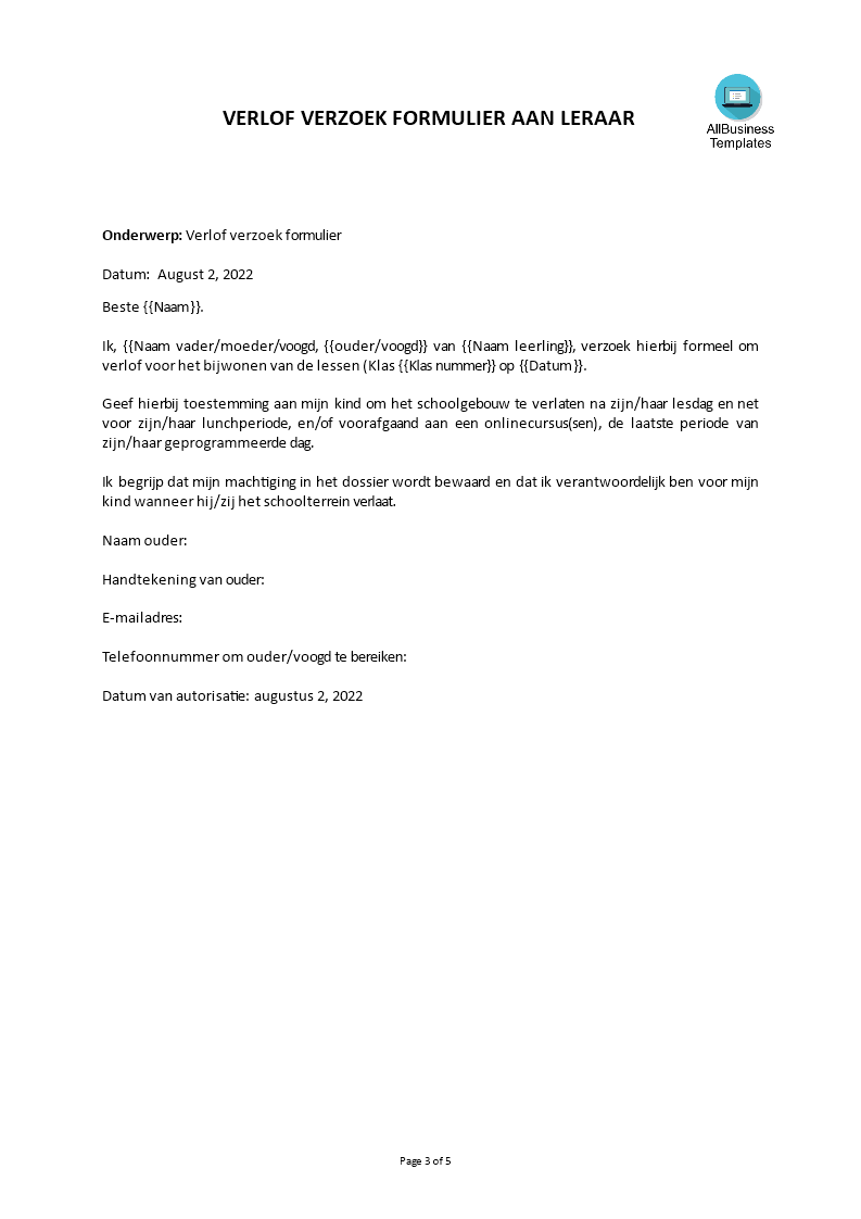 Verzoek Absentie School Gratis