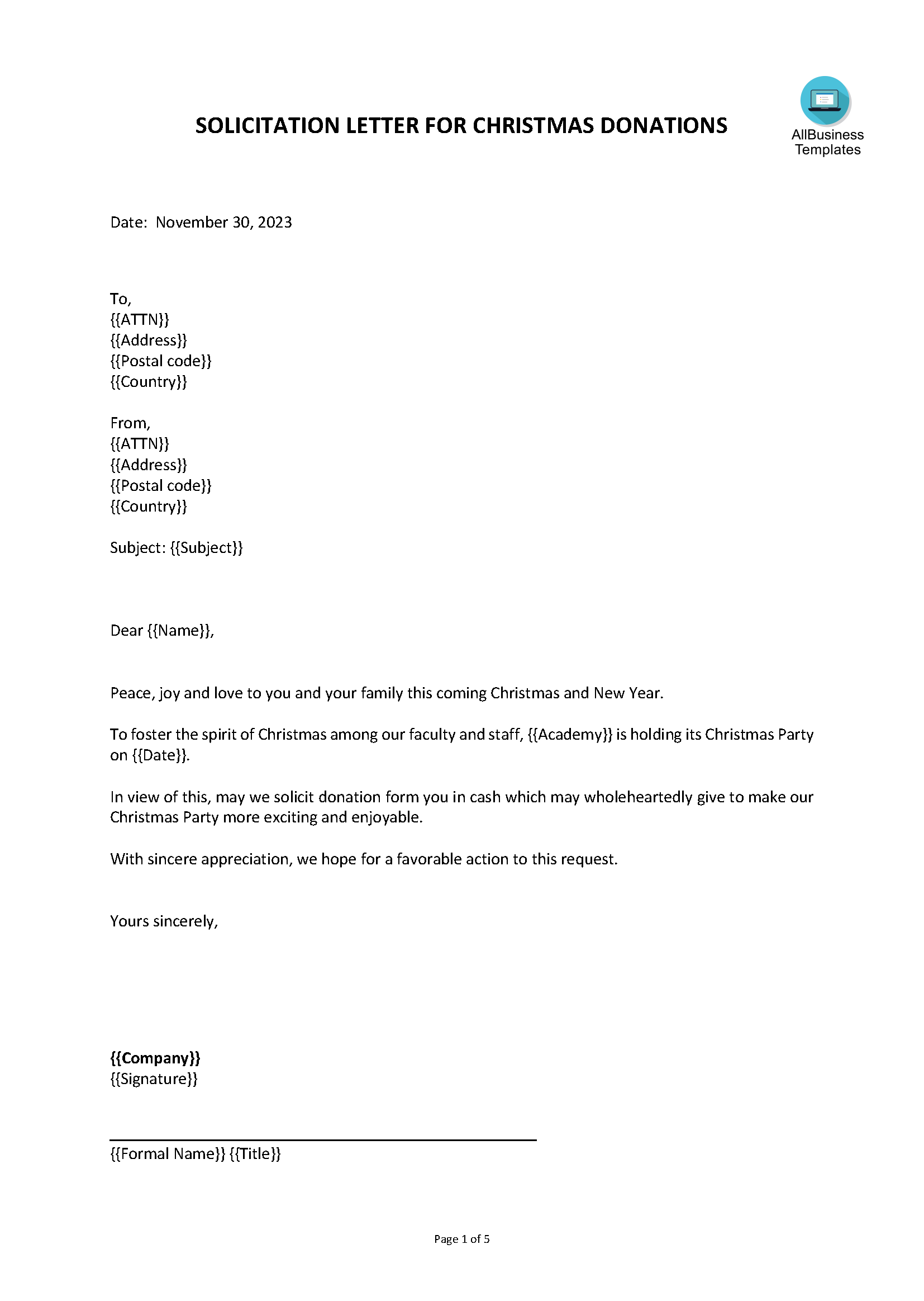 Letter for Christmas Solicitation | Templates at allbusinesstemplates.com